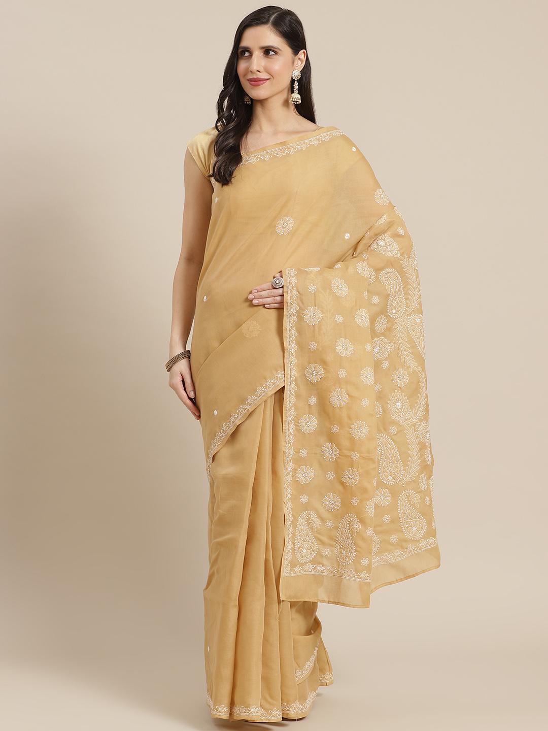 Buy ADA Beige & White Ethnic Motifs Chikankari Handloom Saree - Sarees ...