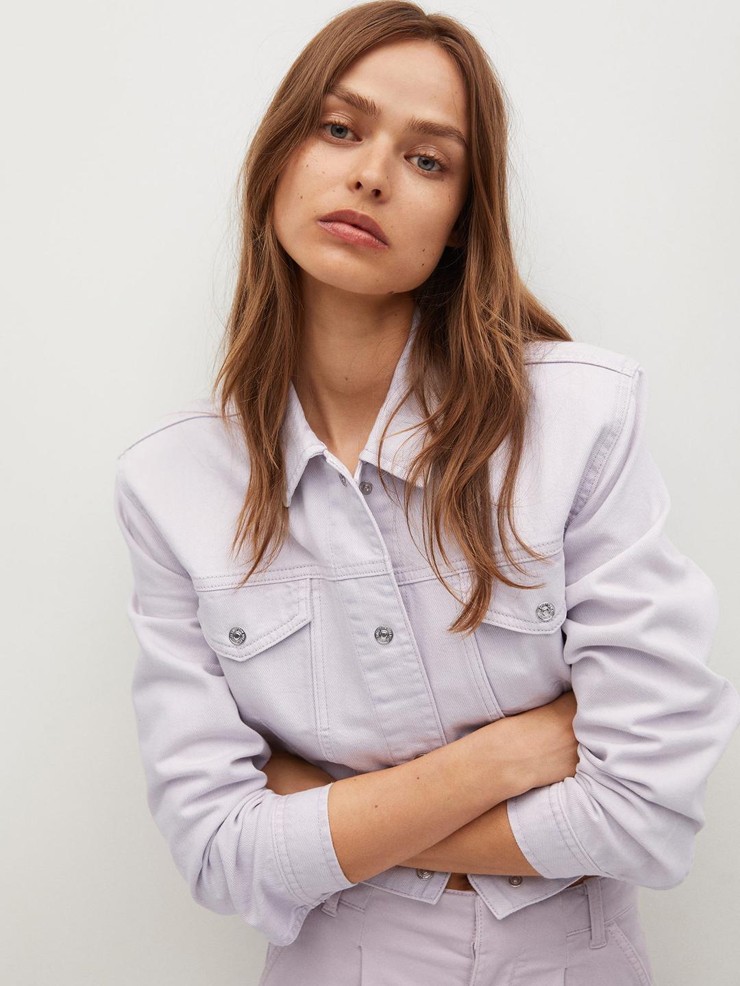 Buy MANGO Women Lavender Solid Cotton Denim Jacket - Jackets for Women ...
