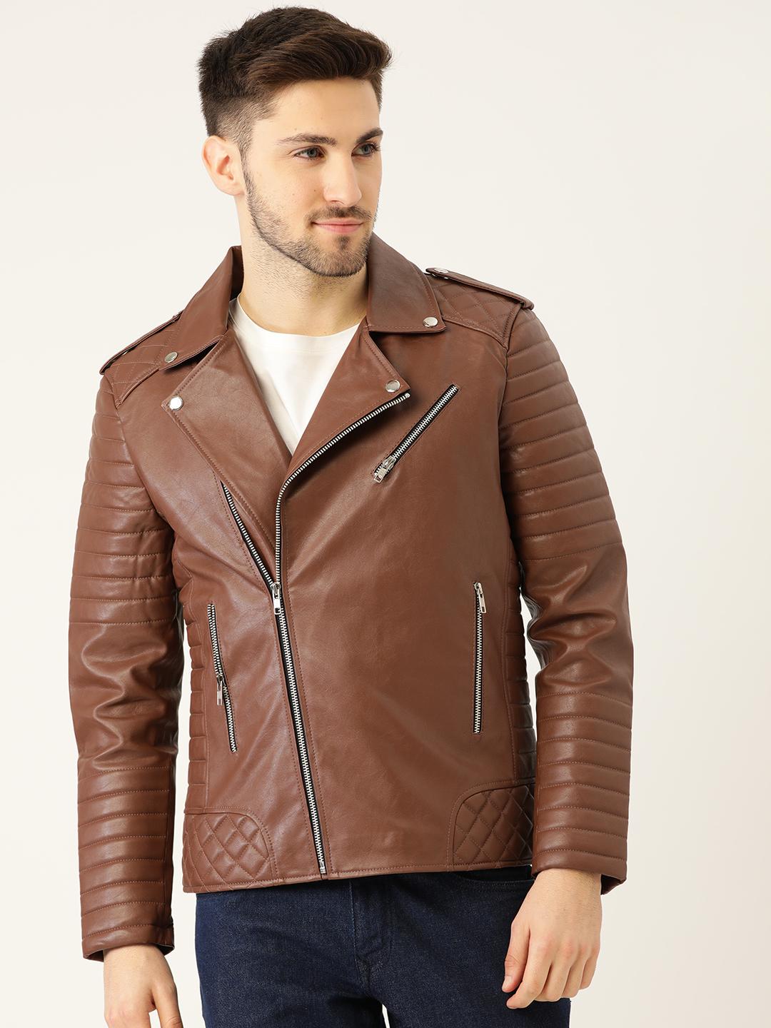 Buy Leather Retail Men Brown Asymmetric Closure Leather Jacket ...