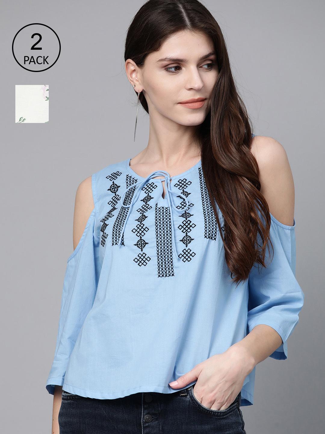 Buy HERE&NOW Women Blue & White Pack Of 2 Tops - Tops for Women ...