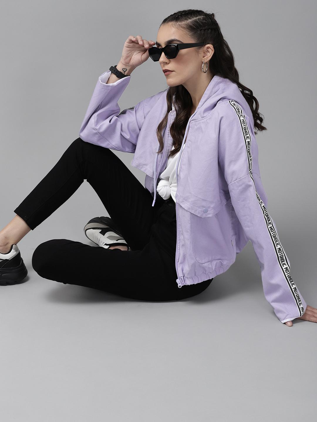 Buy Roadster Women Lavender Hooded Pure Cotton Denim Bomber Jacket ...