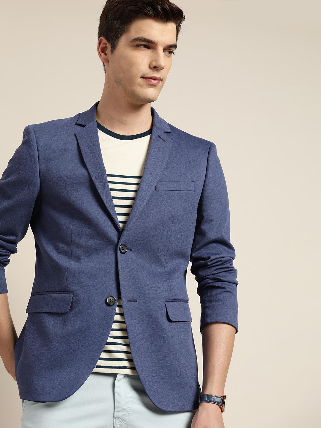 Buy INVICTUS Men Blue Solid Slim Fit Smart Casual Single Breasted ...