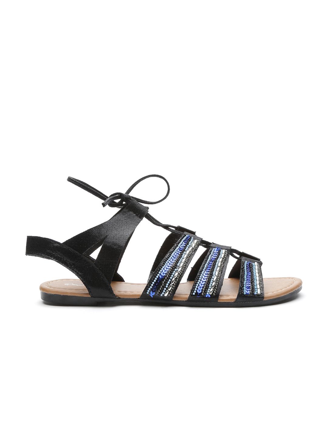 Buy Qupid Women Black & Blue Beaded Open Toed Flats - Flats for Women ...