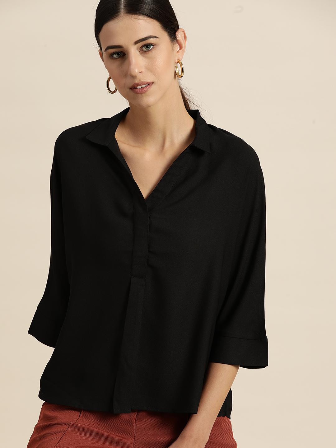 Buy Her By Invictus Black Solid Extended Sleeves Regular Top - Tops for ...