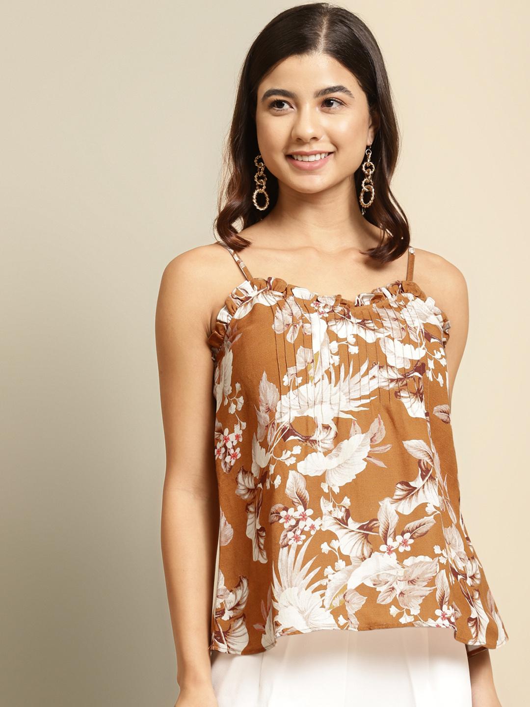 Buy COVER STORY Women Rust Brown & Off White Floral Regular Top - Tops ...