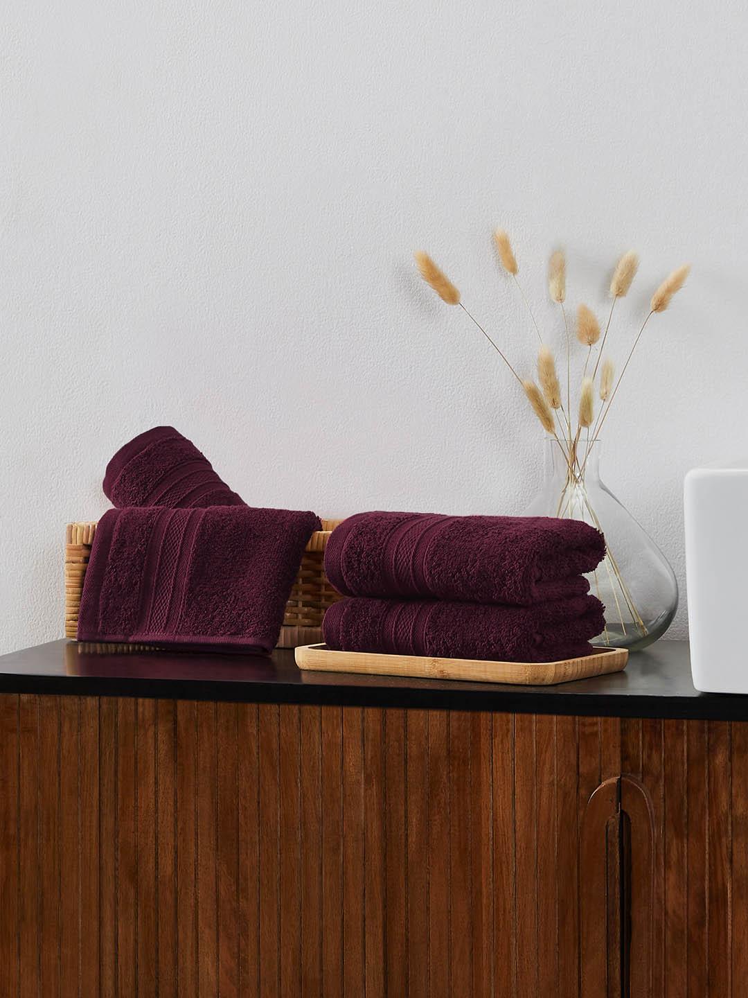 Buy MYTRIDENT Set Of 4 Burgundy 500 GSM Striped Cotton Hand Towels ...