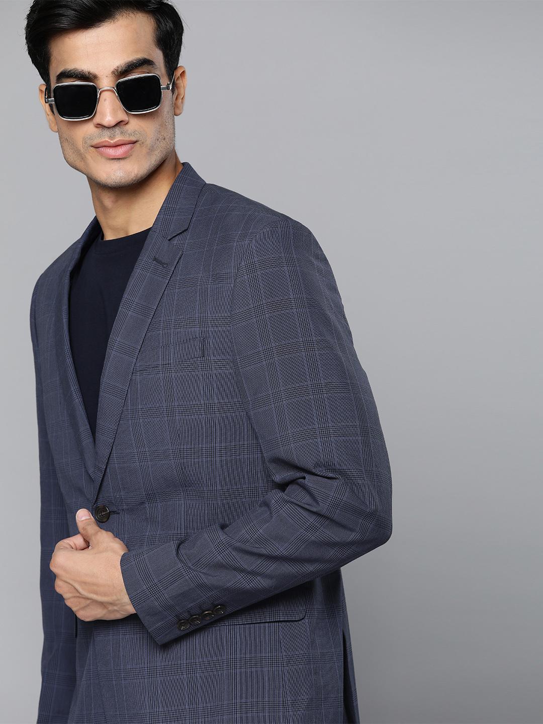 Buy Indian Terrain Men Navy Blue & Grey Checked Single Breasted Blazer ...