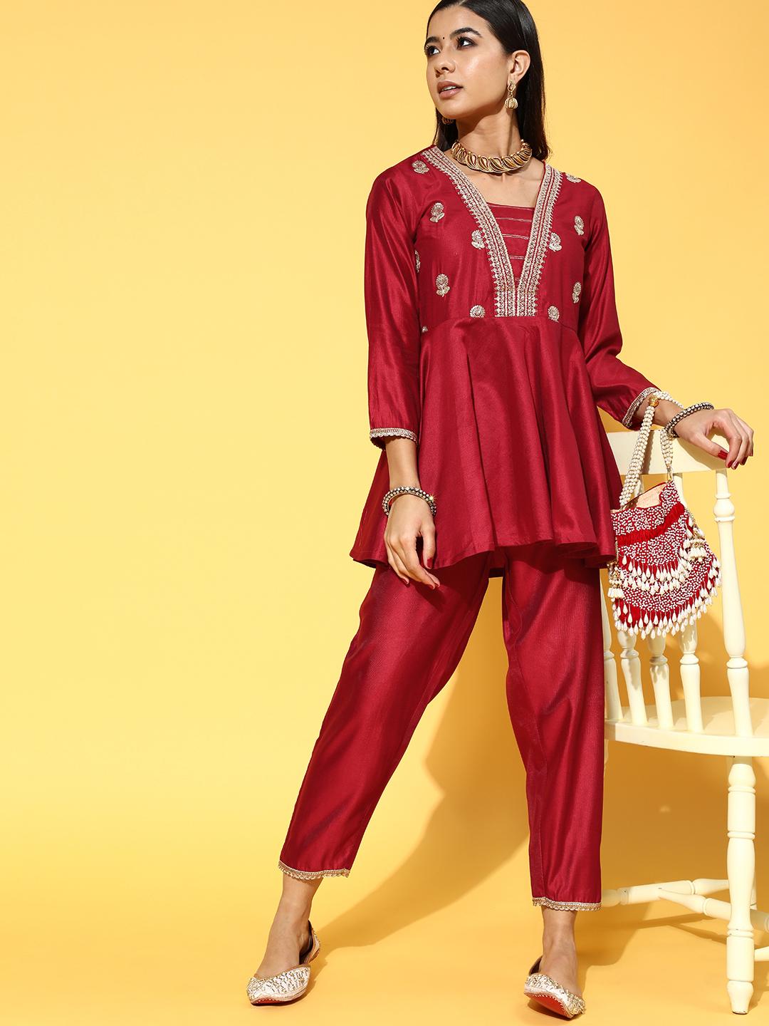 Buy Indo Era Chic Red Yoke Design Kurti With Solid Trousers - Kurta ...