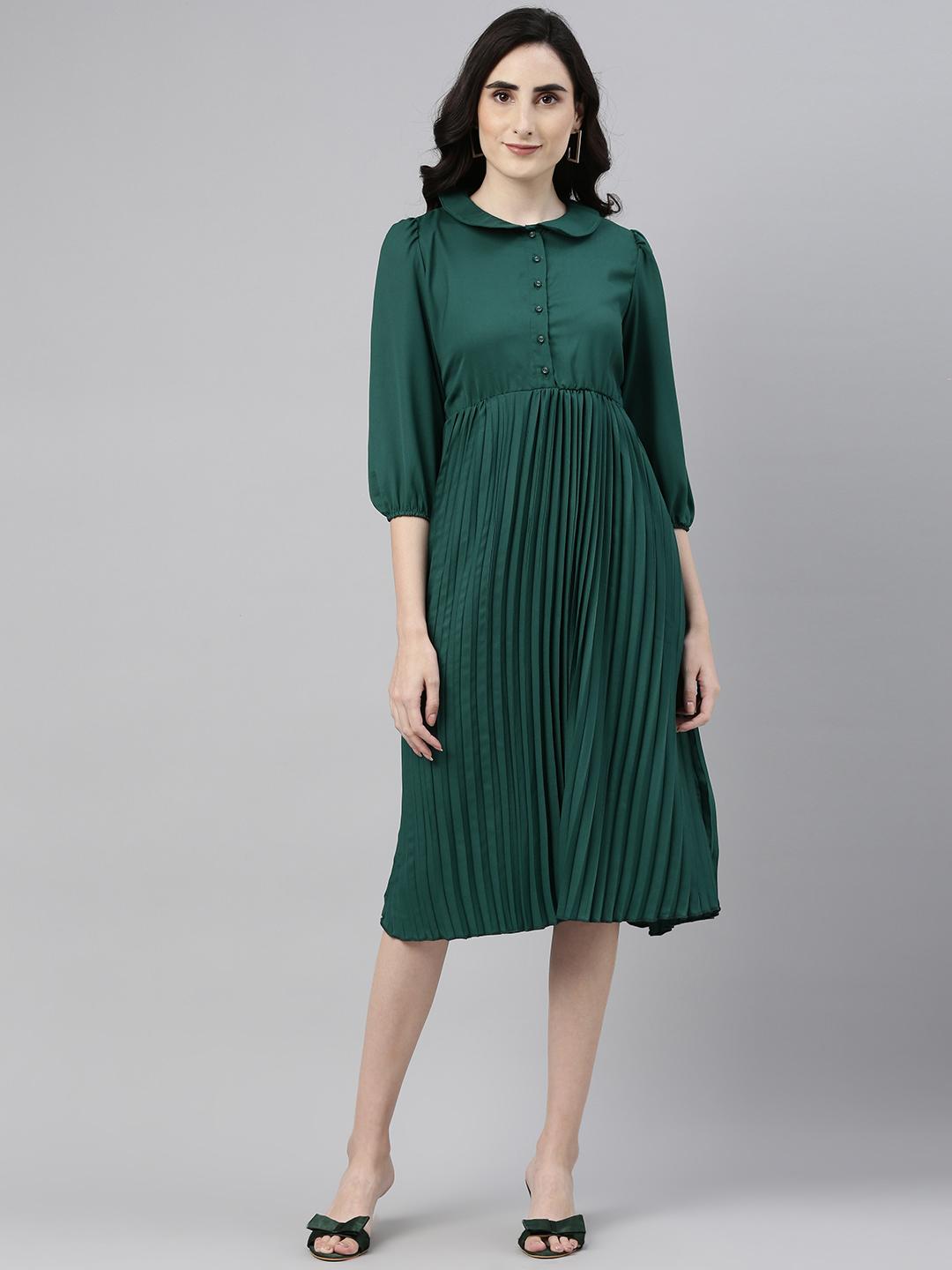 Buy Campus Sutra Women Green Solid Fit And Flare Dress - Dresses for ...