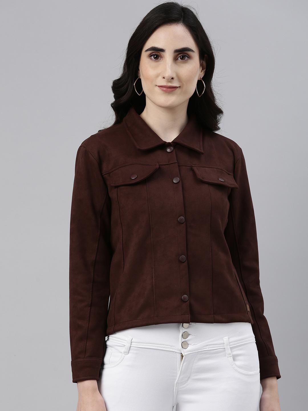 Buy Campus Sutra Women Coffee Brown Suede Outdoor Tailored Jacket ...