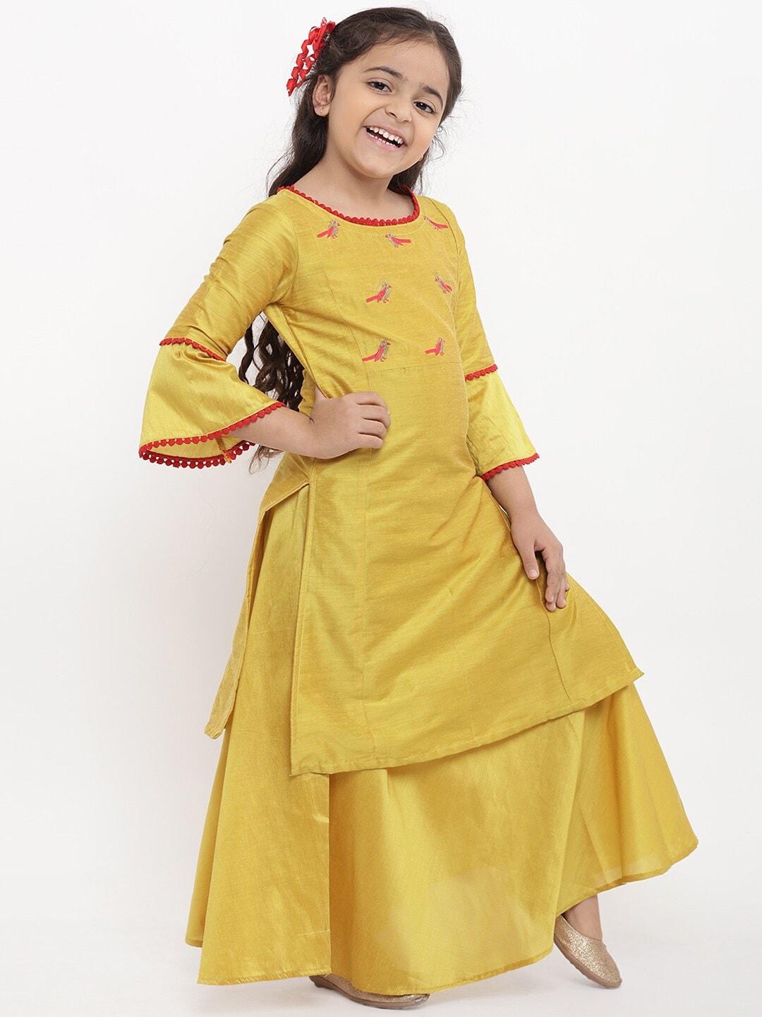 Buy Bitiya By Bhama Girls Yellow Animal Embroidered Pure Cotton Kurta ...