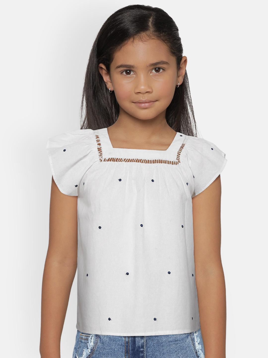 Buy SCOUP Girls White & Navy Blue Pure Cotton Embroidered A Line Top ...