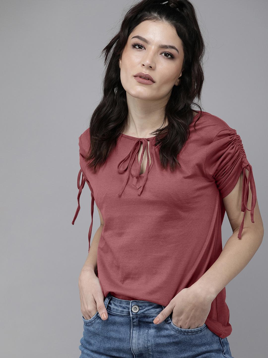 Buy Roadster Rust Red Tie Up Neck Regular Top With Tie Up Detail ...