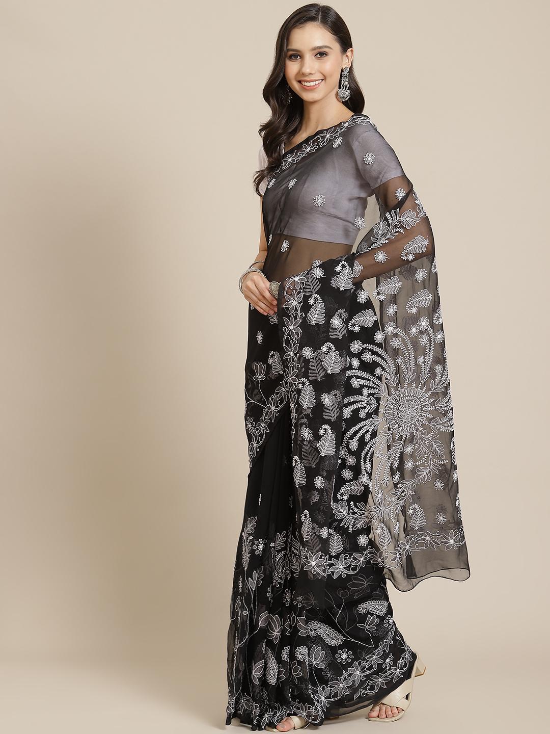 Buy ADA Black & Off White Chikankari Embroidered Saree - Sarees for ...