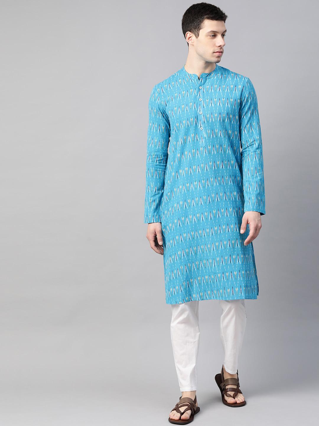 Buy See Designs Men Blue Ikat Printed Pure Cotton Kurta With Pyjamas ...