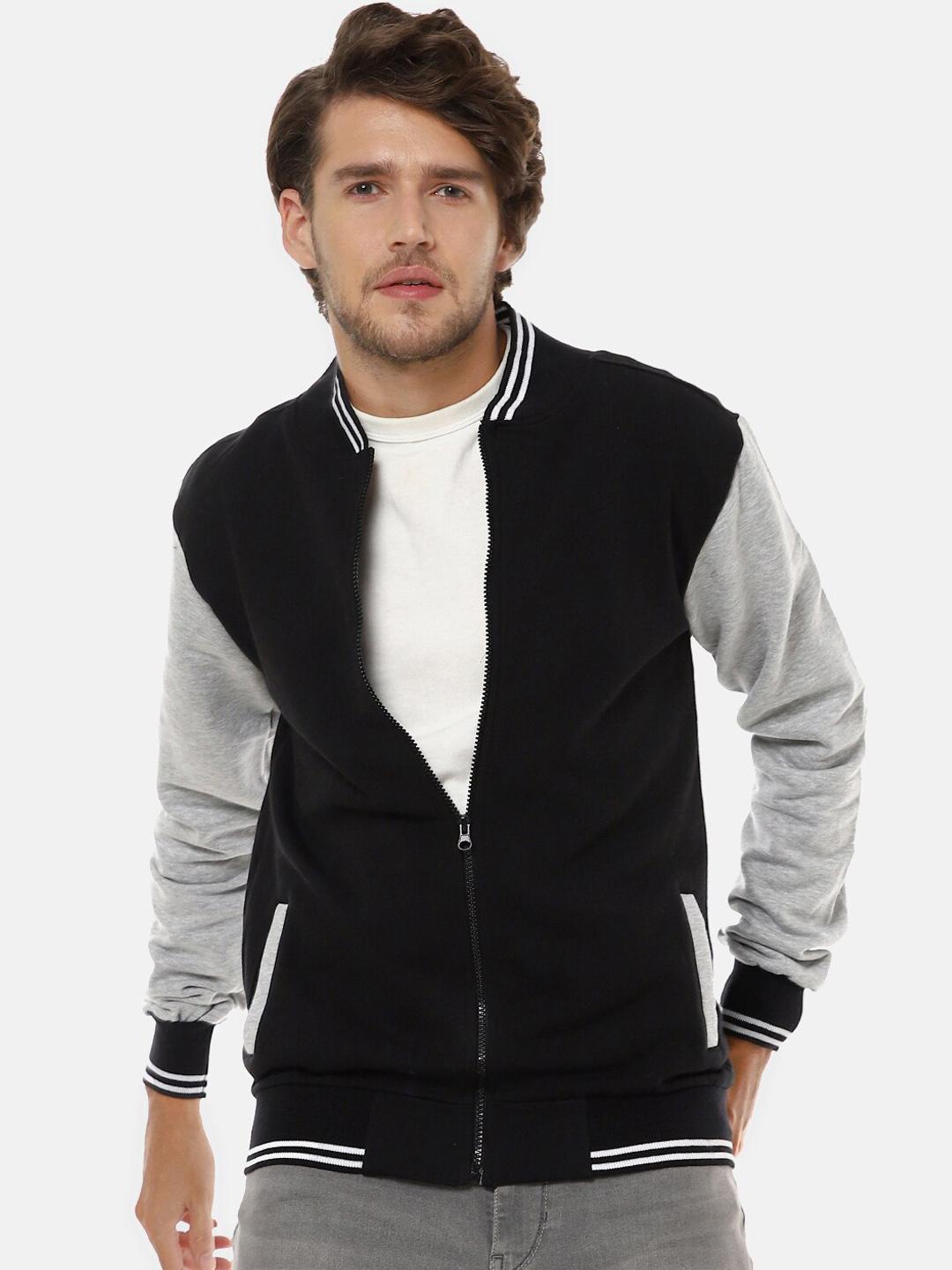 Buy Campus Sutra Men Black & Grey Windcheater Cotton Varsity Jacket ...