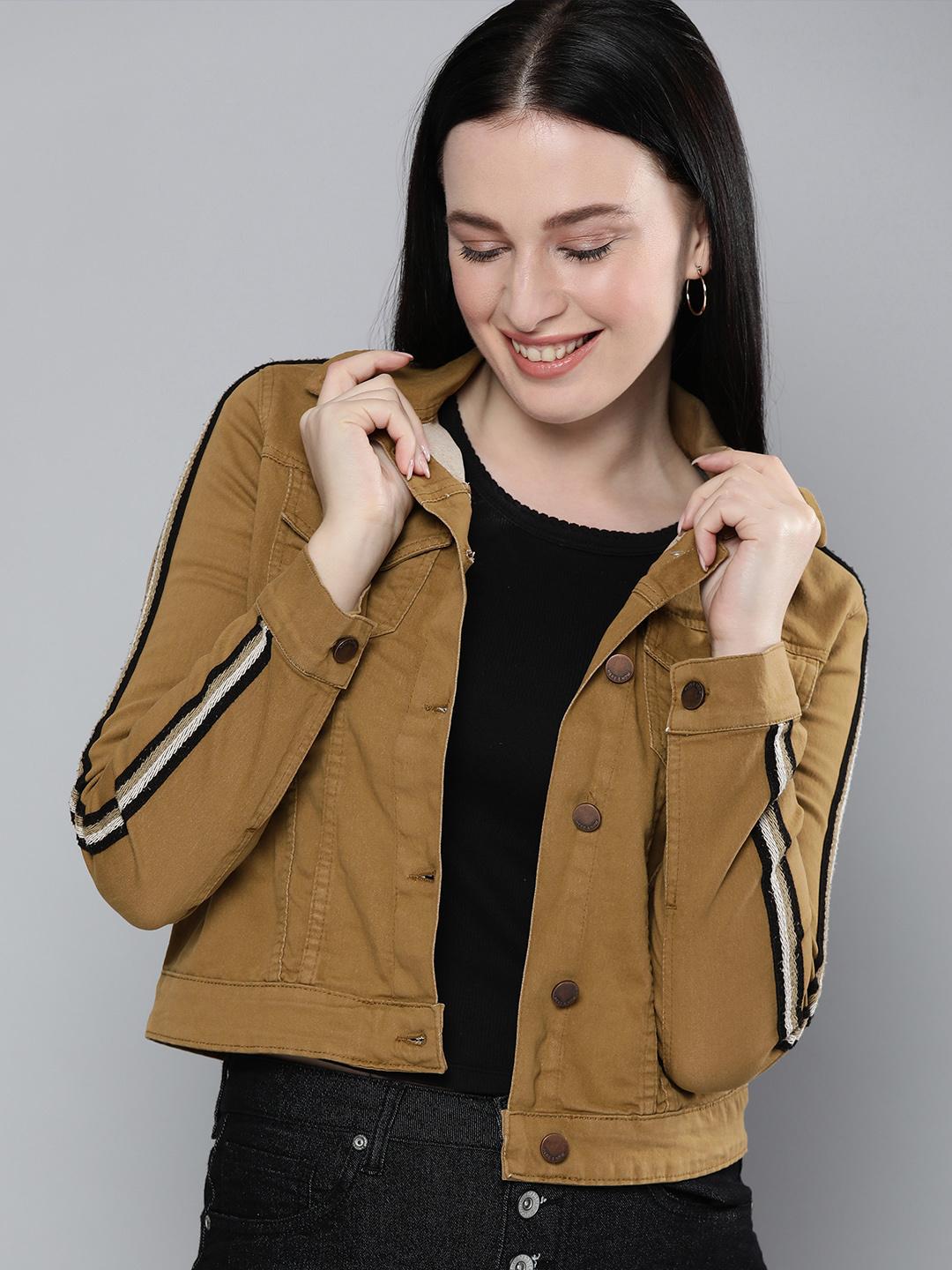 Buy HERE&NOW Women Brown Solid Denim Jacket - Jackets for Women ...