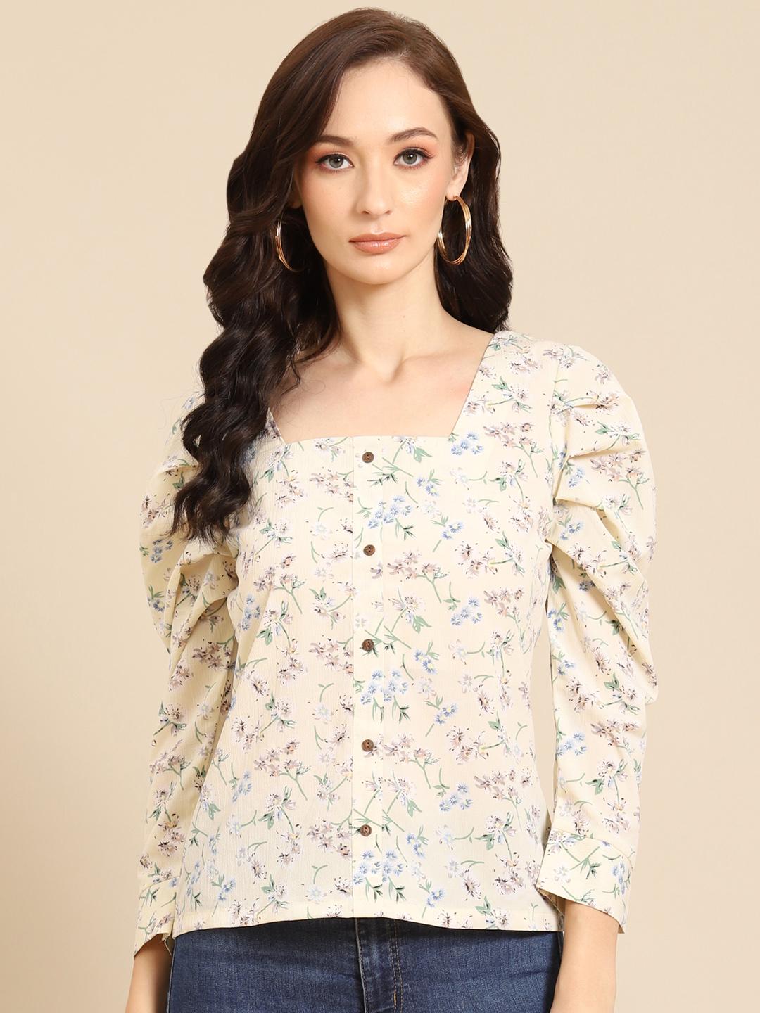 Buy DODO & MOA Cream Coloured & Green Floral Regular Top - Tops for ...