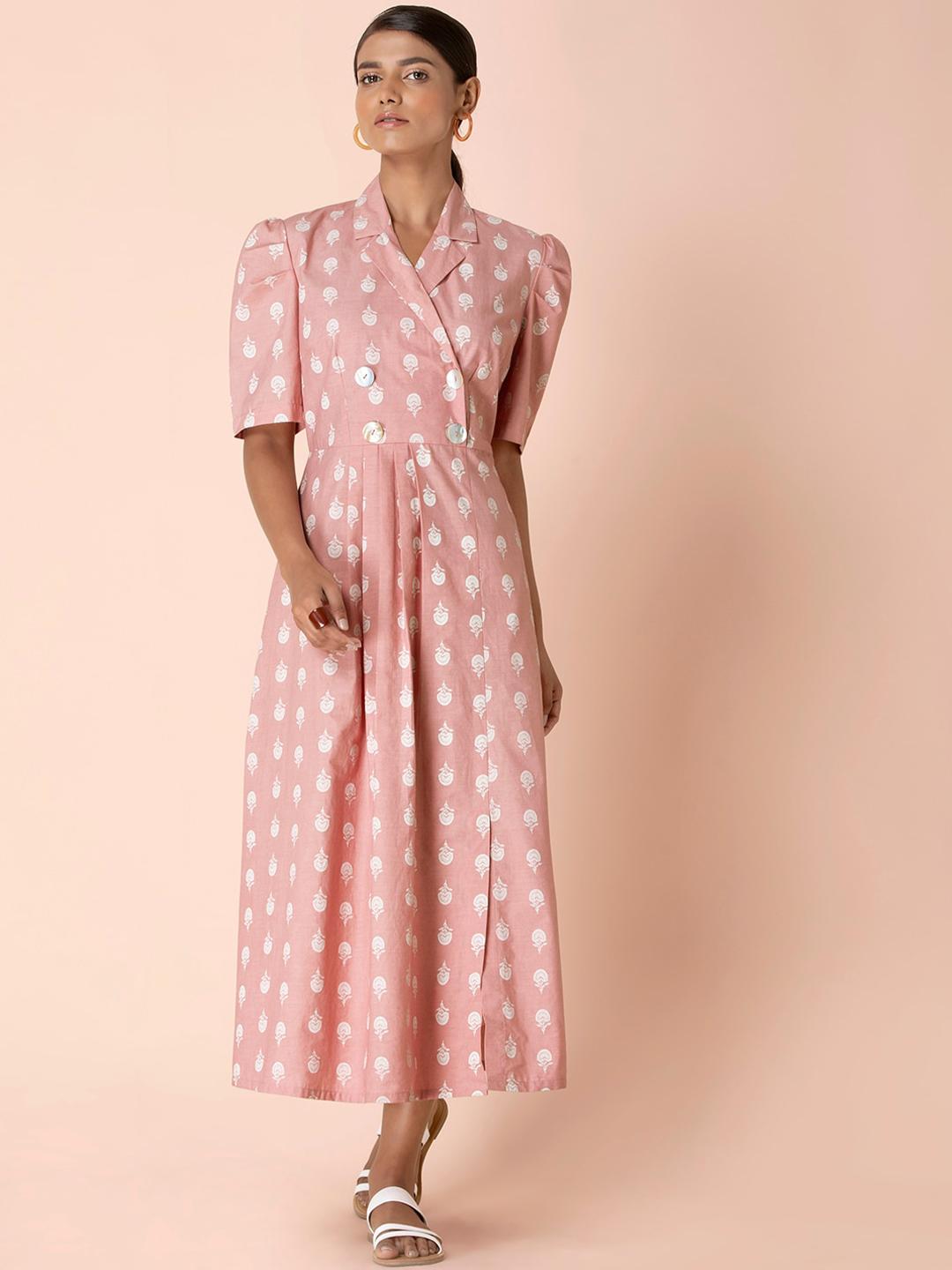 Buy Earthen BY INDYA Blush Boota Double Breasted A Line Dress - Dresses ...