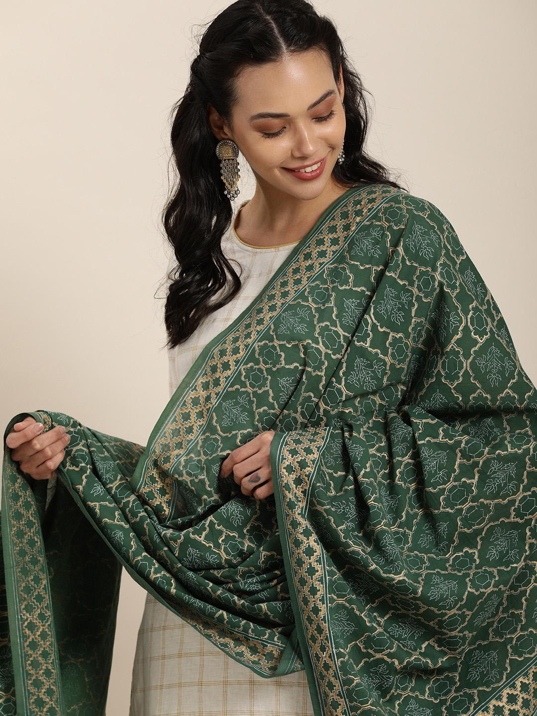 Buy Taavi Green & Beige Ethnic Motifs Block Print Legacy Pure Cotton ...