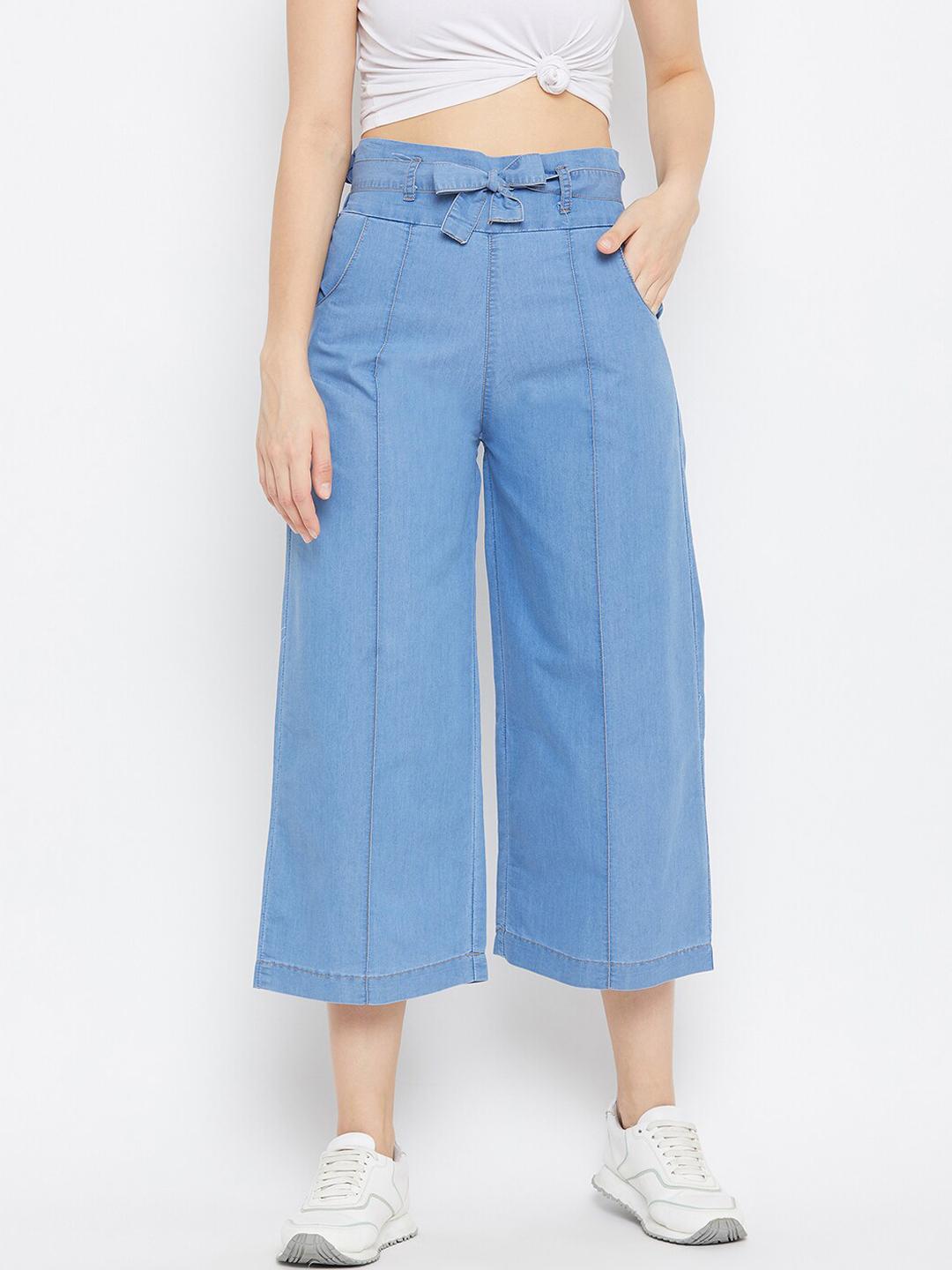 Buy Clora Light Blue Belted Cropped Denim Culottes - Trousers for Women ...
