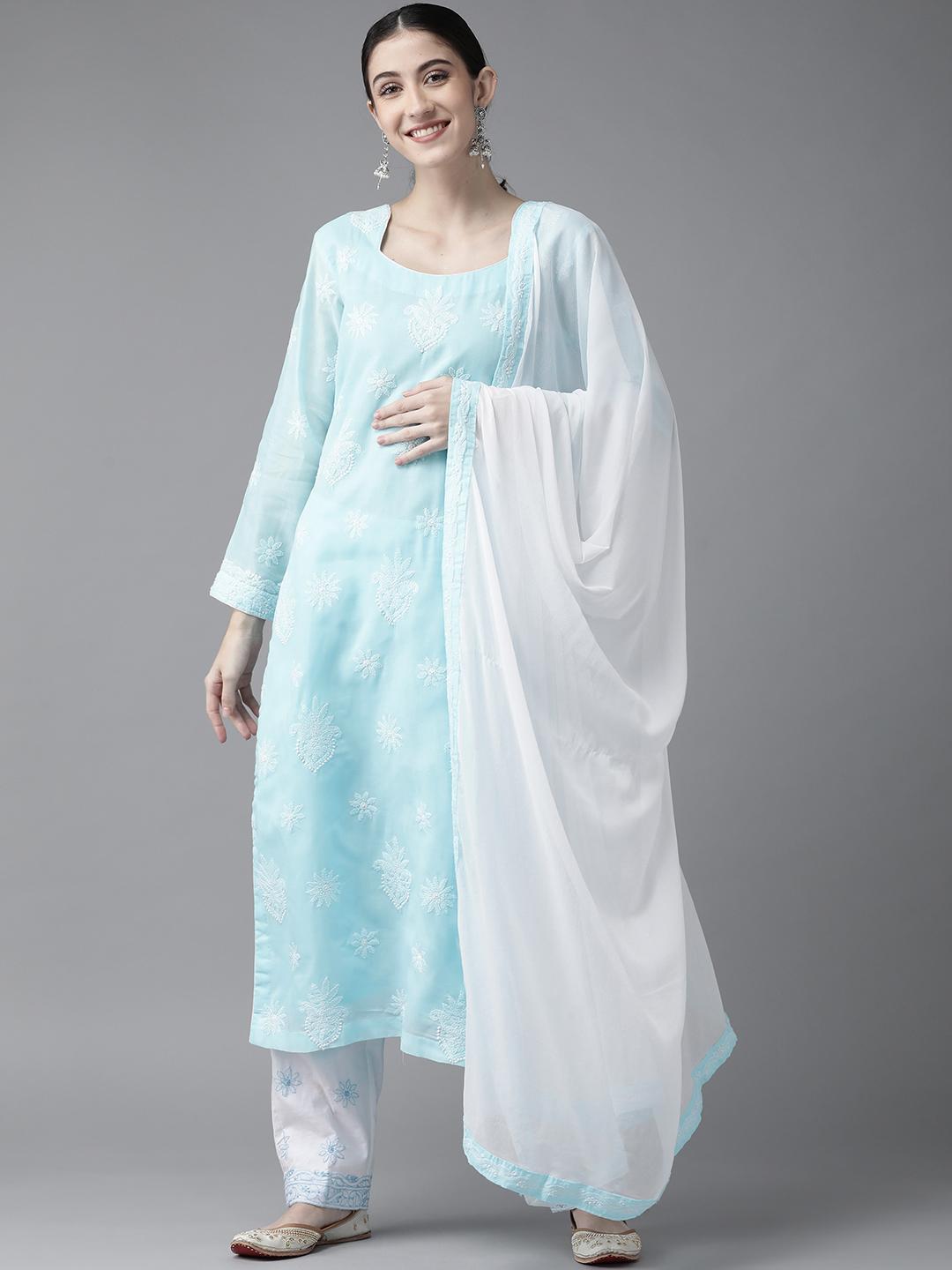 Buy ADA Blue & White Chikankari Hand Embroidered Handloom Unstitched ...