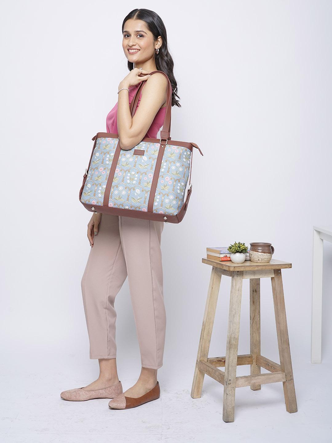 Buy ZOUK Women Blue Floral Printed Laptop Tote Bag - Laptop Bag for ...