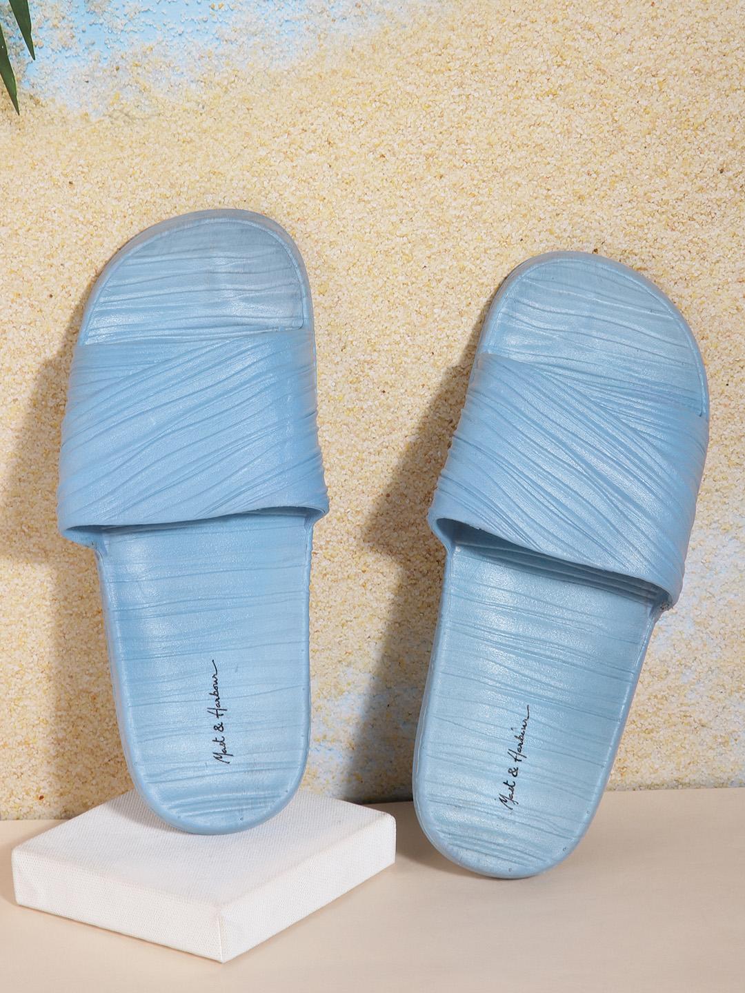 Buy Mast & Harbour Women Blue Textured Sliders - Flip Flops for Women ...