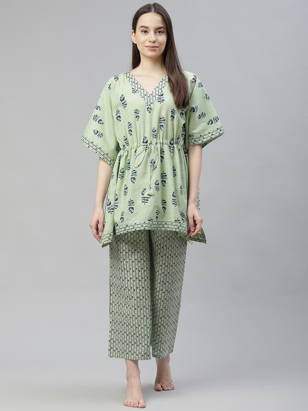 Buy Laado Pamper Yourself Women Green & Blue Printed Night Suit - Night ...