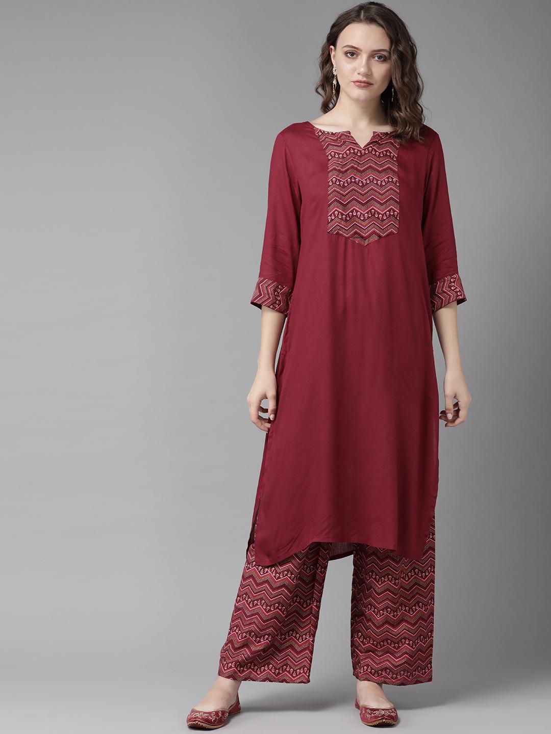 Buy ANMI Women Maroon & Pink Ethnic Motifs Yoke Design Kurta With ...
