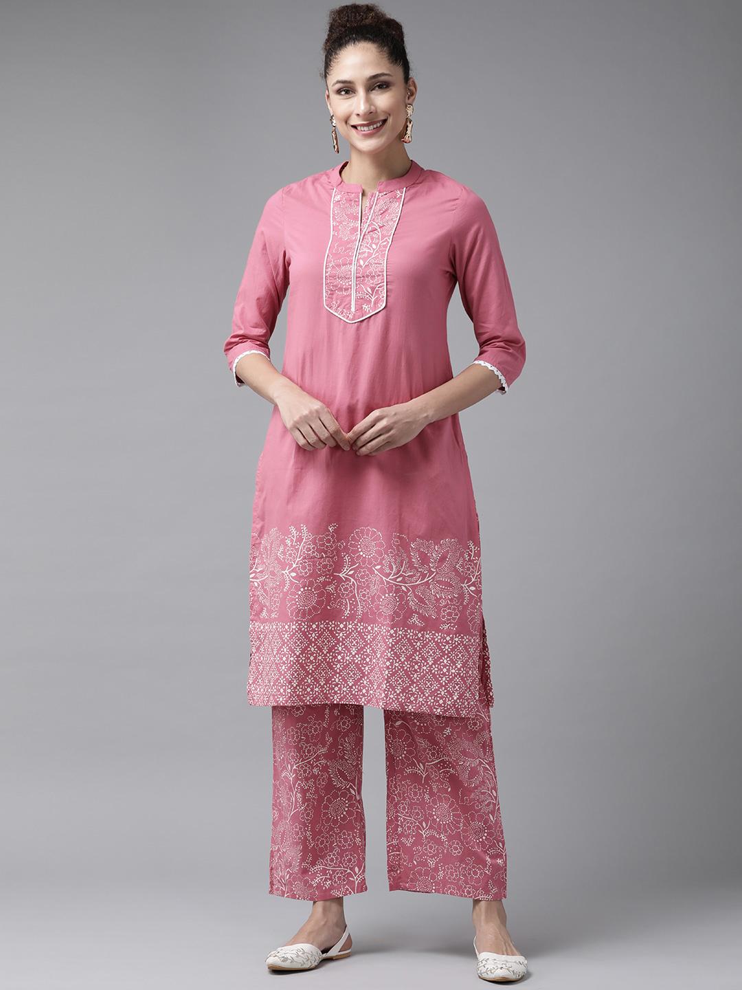 Buy ANMI Women Pink & Off White Printed Pure Cotton Kurta With Trousers ...