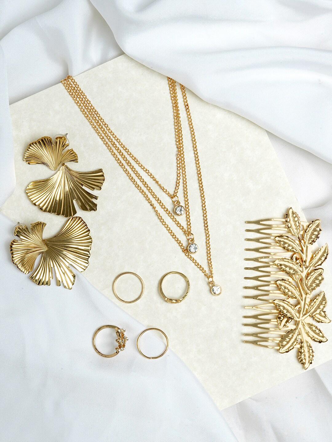 Buy JOKER & WITCH Gold Plated White Stone Studded Layered Jewellery Set ...