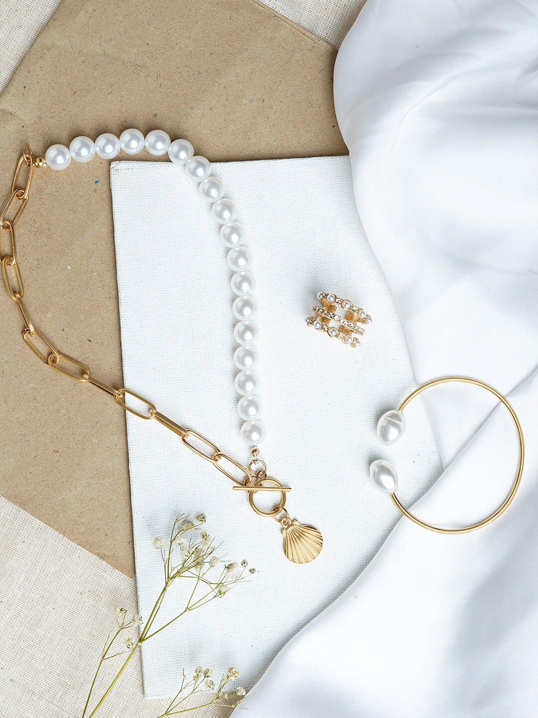 Buy JOKER & WITCH Gold Plated White Stone Studded & Pearl Beaded Oyster ...