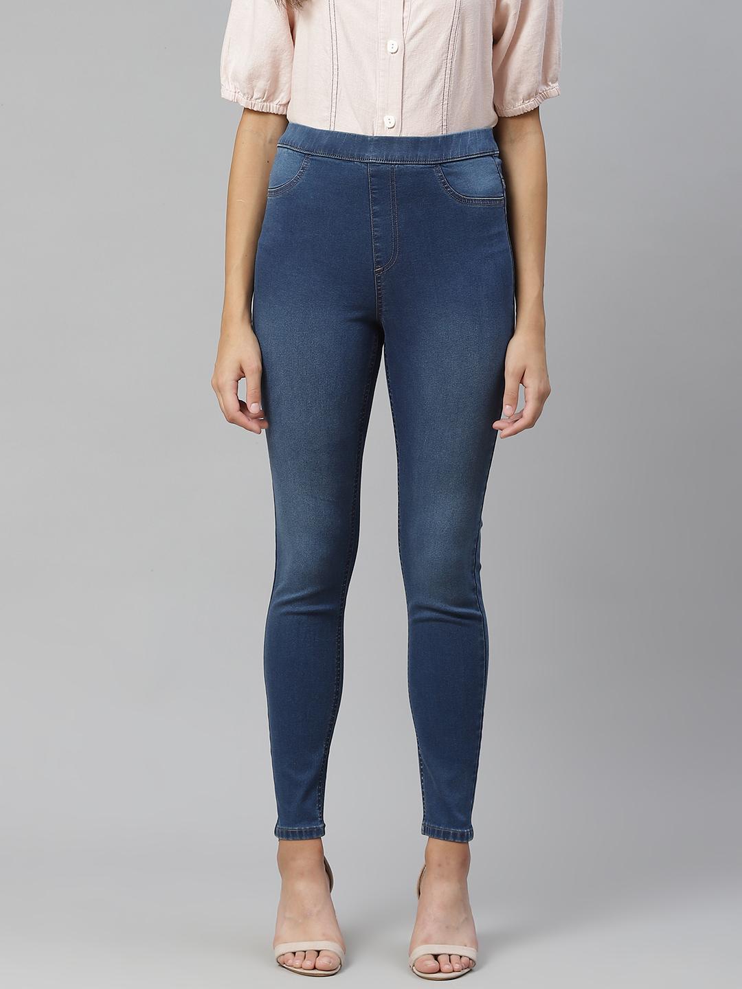 Buy Marks & Spencer Women Denim Blue Solid Jeggings Skinny Fit ...