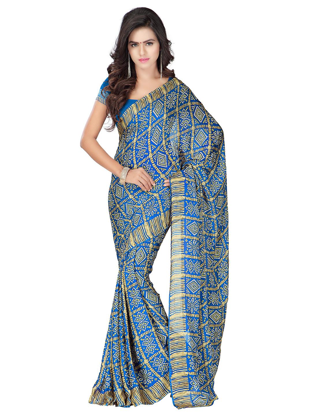 Buy MOKSHA DESIGNS Blue & Yellow Bandhani Pure Crepe Bandhani Saree ...