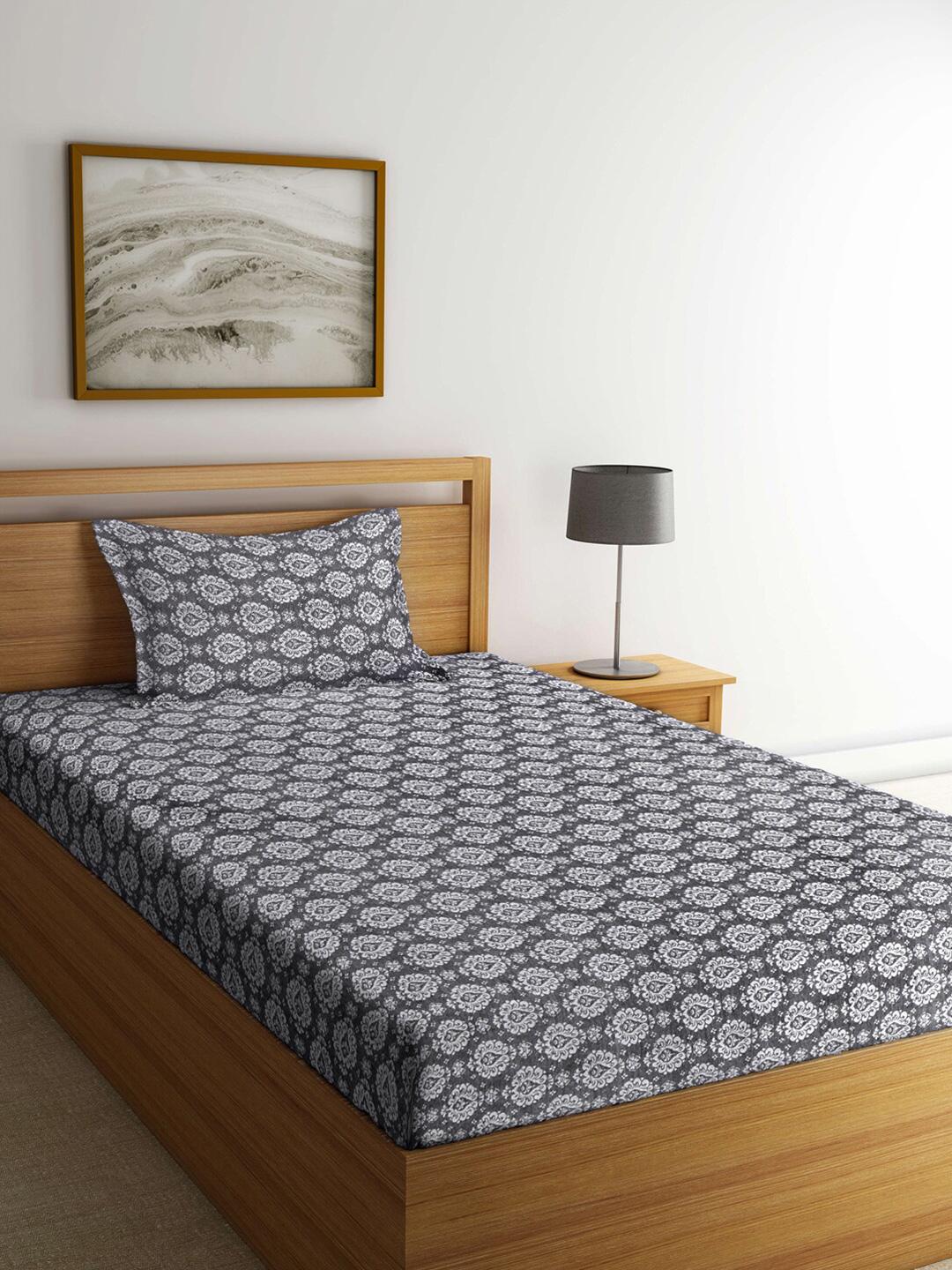 Buy Arrabi Indian Grey Ethnic Motifs Cotton 300 TC Single Fine Bedsheet ...