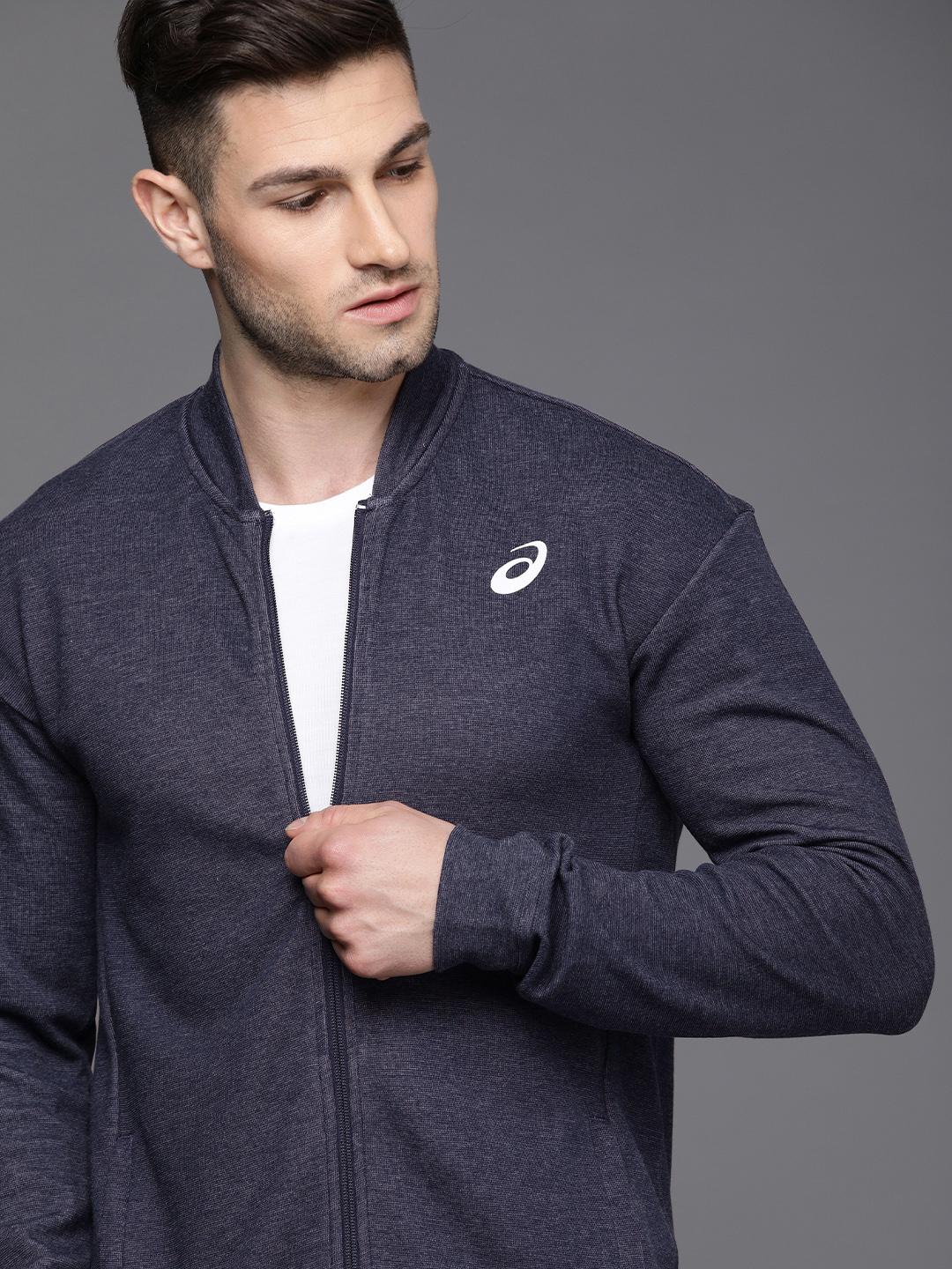 Buy ASICS Men Navy Blue Brand Logo Printed Stand Collar Sporty Training ...