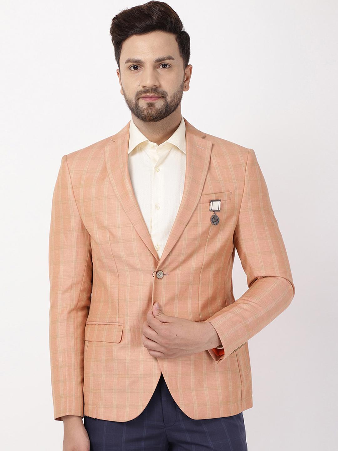 Buy Blackberrys Men Peach Colored & Beige Checked Single Breasted Slim ...