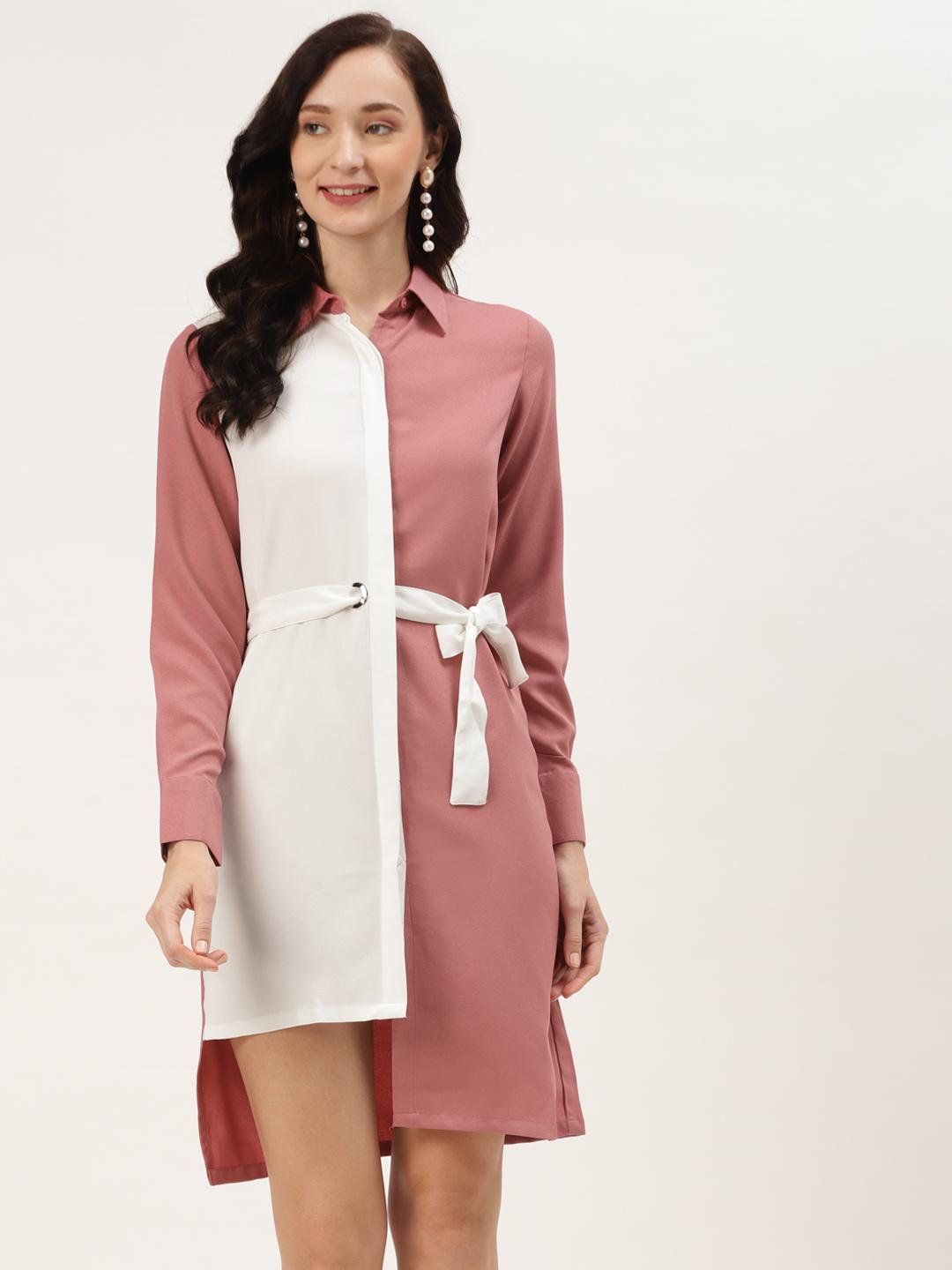 Buy LABEL REGALIA Pink & White Colourblocked Crepe Shirt Dress ...