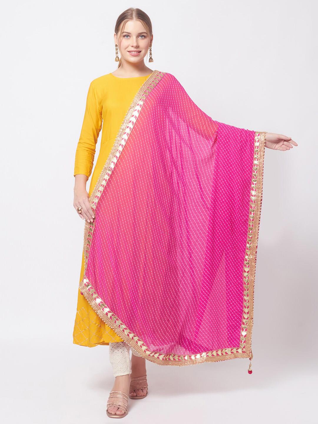 Buy Dupatta Bazaar Fuchsia & Gold Toned Printed Bandhani Dupatta With ...