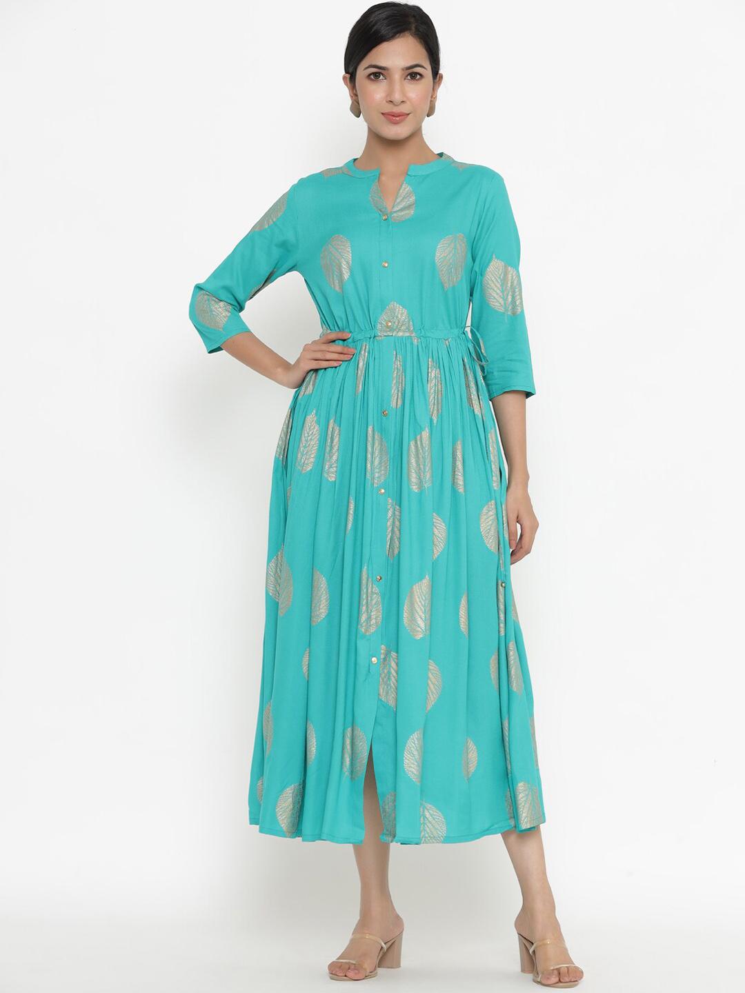 Buy Indian Virasat Woman Turquoise Blue Ethnic Motifs Midi Dress ...