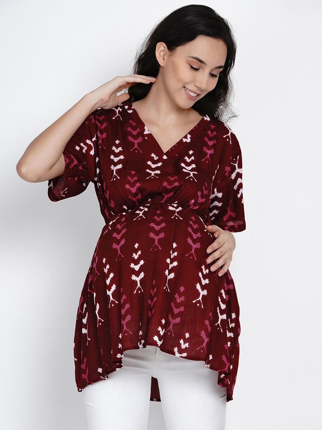 Buy Mine4Nine Maroon Geometric Regular Maternity Longline Top - Tops ...