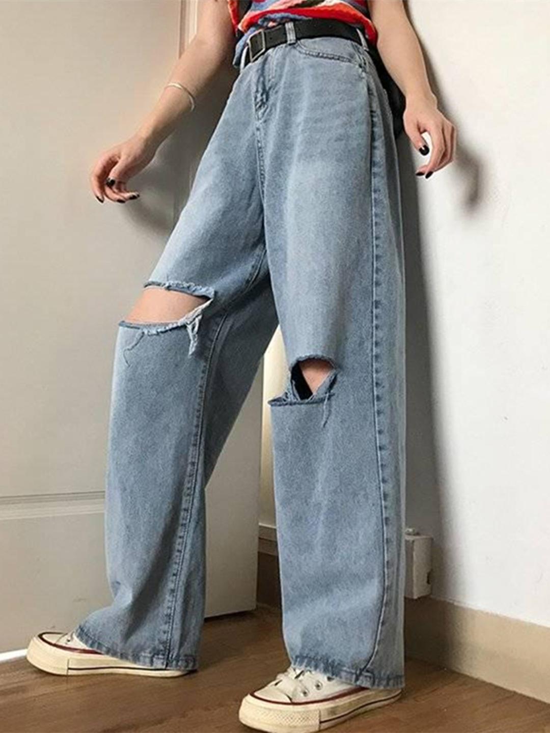 Buy URBANIC Women Blue Wide Leg Slash Knee Light Fade Jeans - Jeans for ...