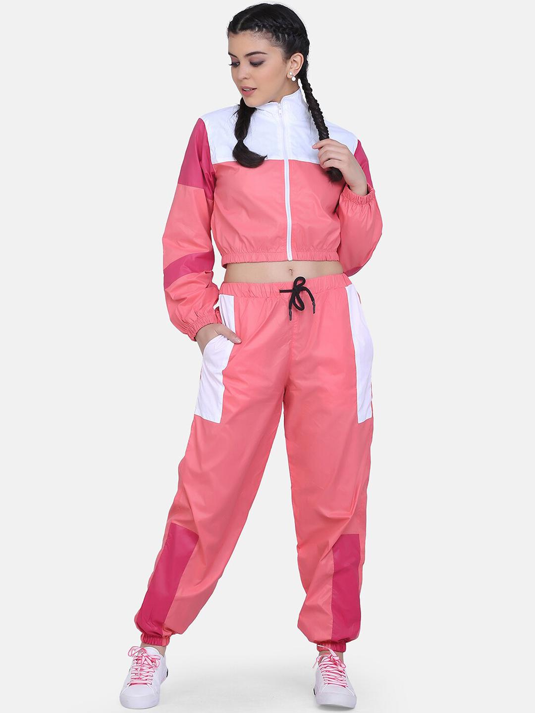 Buy Aesthetic Bodies Women Pink & White Colourblocked Tracksuit ...