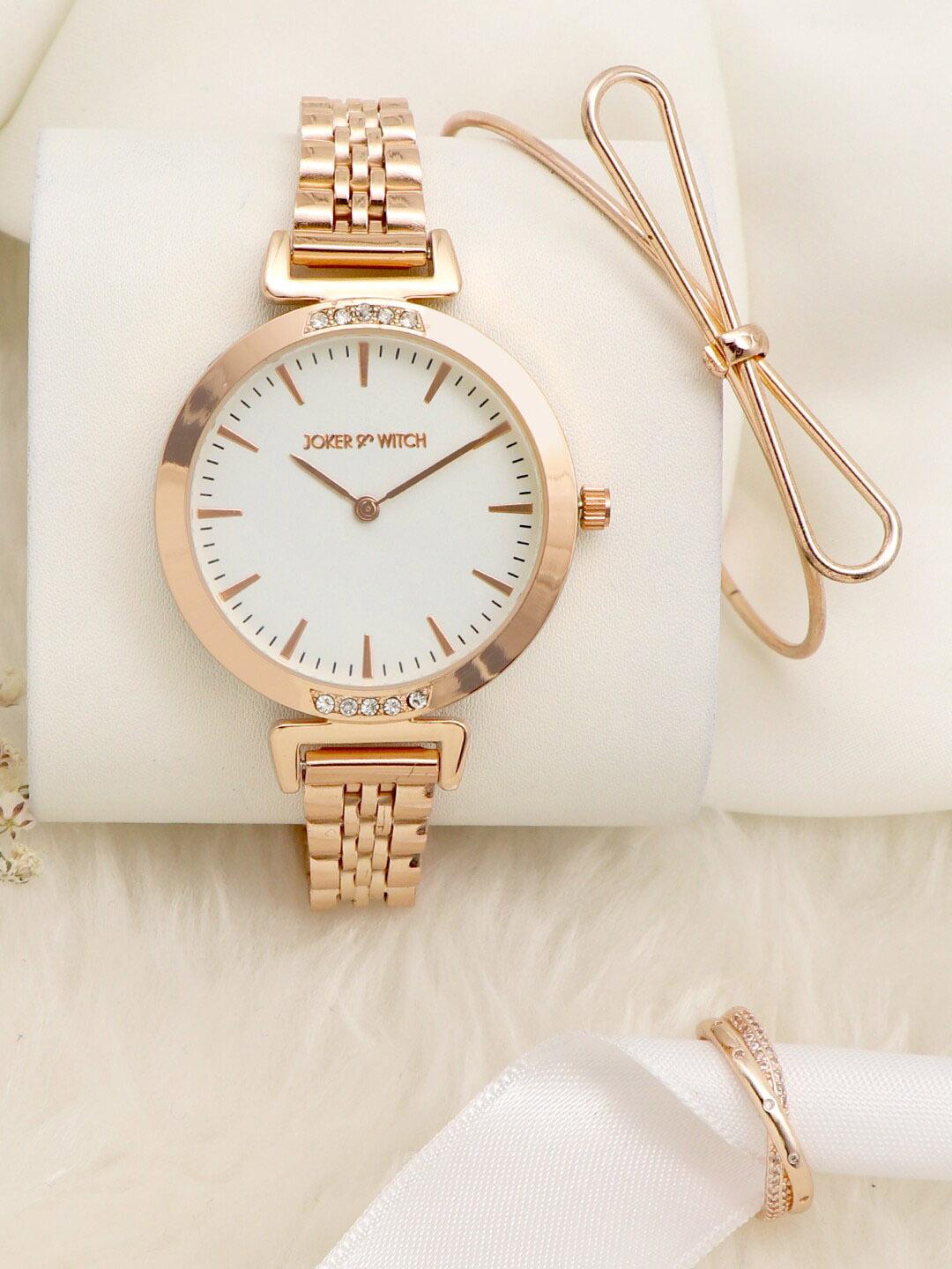 Buy JOKER & WITCH Gold Toned & White Petal Wish Love Triangle Watch ...
