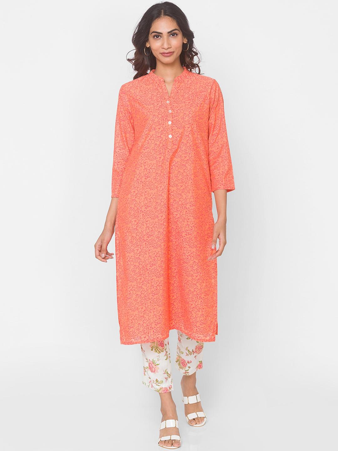 Buy Ethnicity Women Peach Coloured High Slit Kurti With Trousers ...