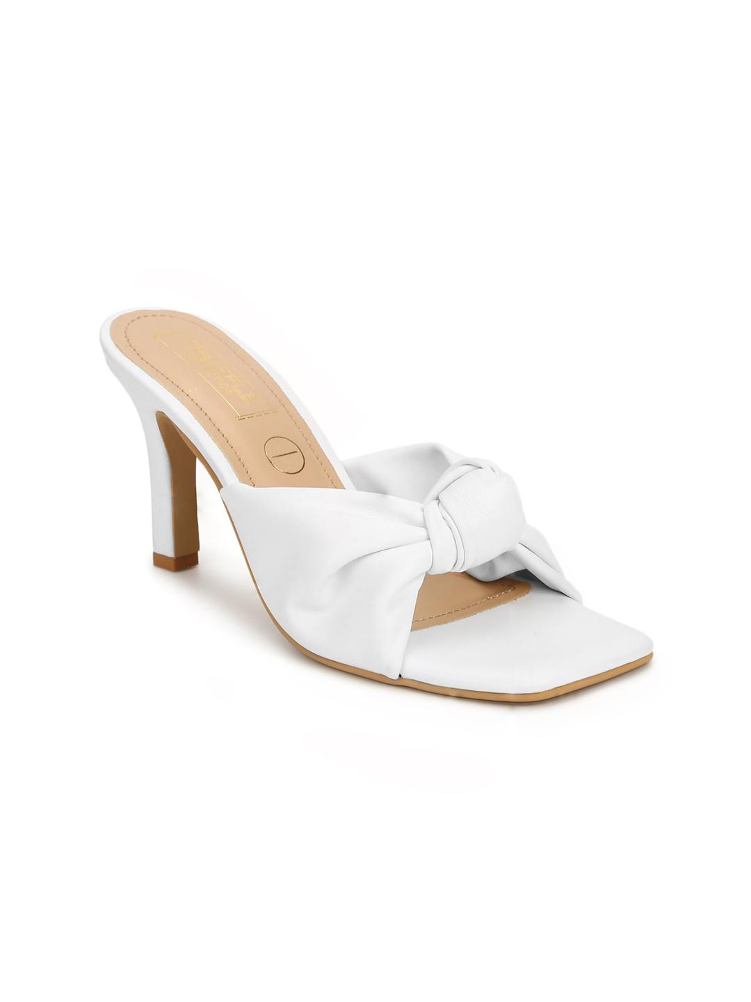 Buy Truffle Collection White Embellished PU Block Mules With Bows ...