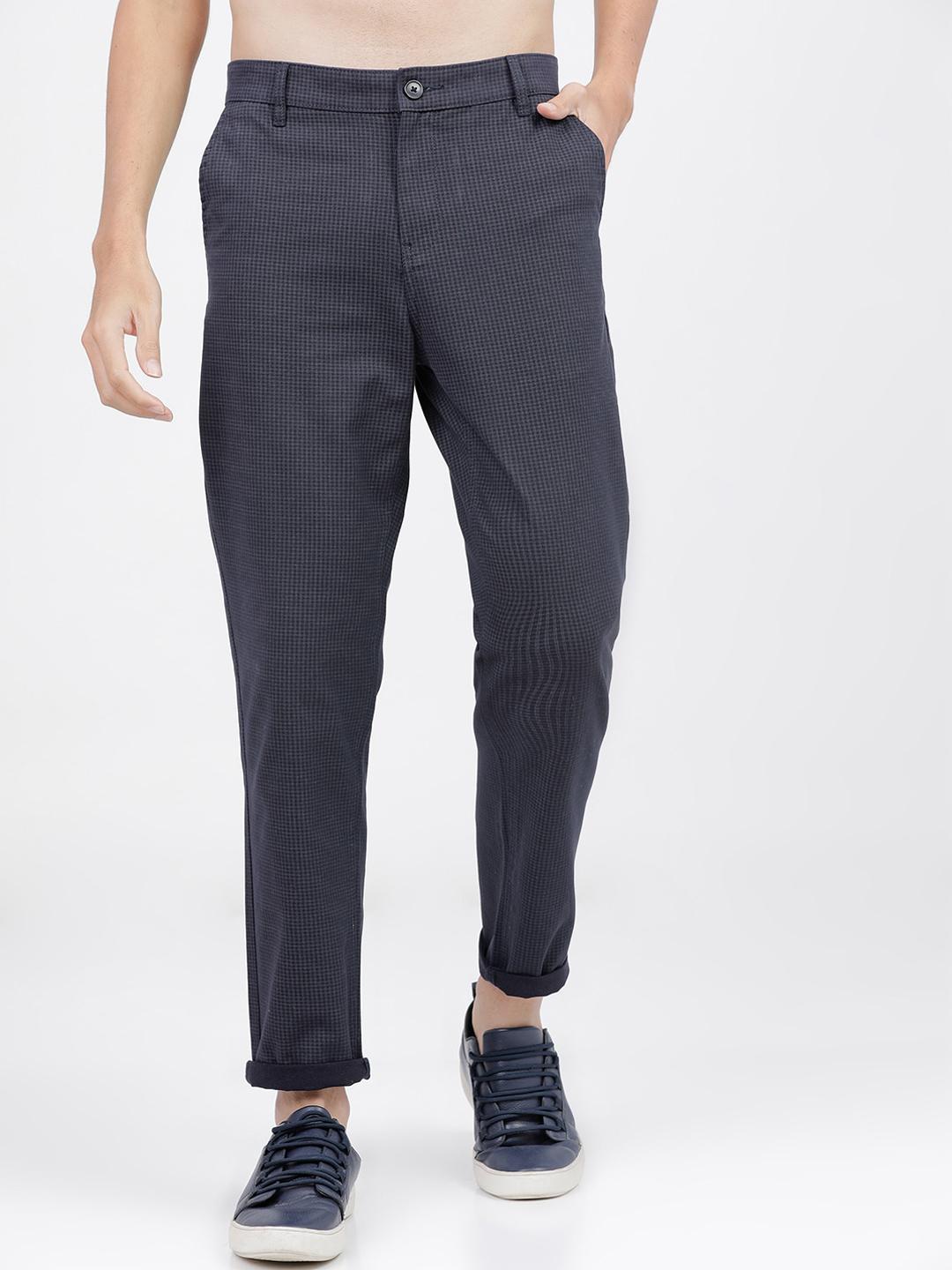 Buy KETCH Men Navy Blue Checked Slim Fit Chinos Trousers - Trousers for ...