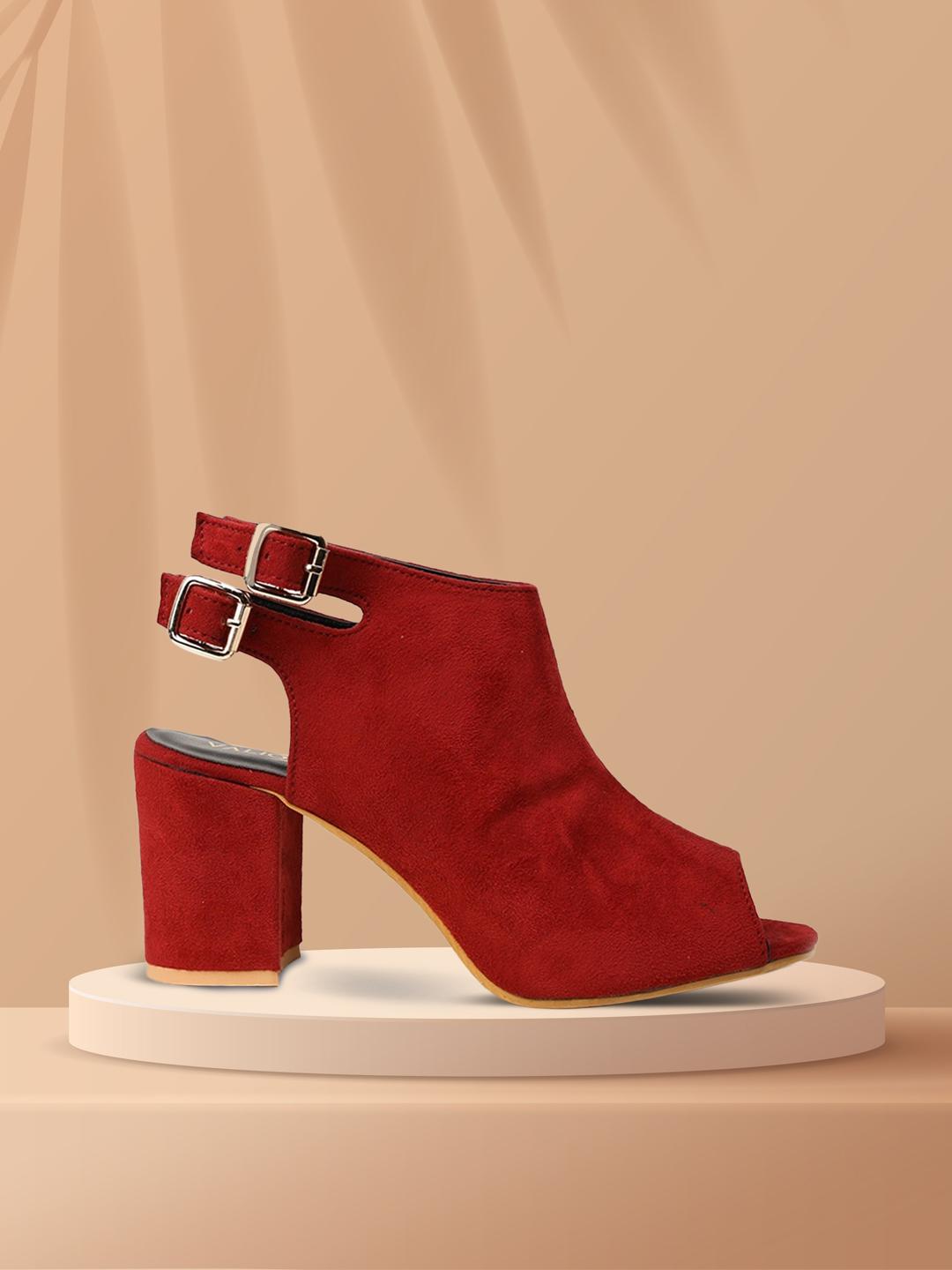 Buy VALIOSAA Red Suede Block Mules With Buckles - Heels for Women ...