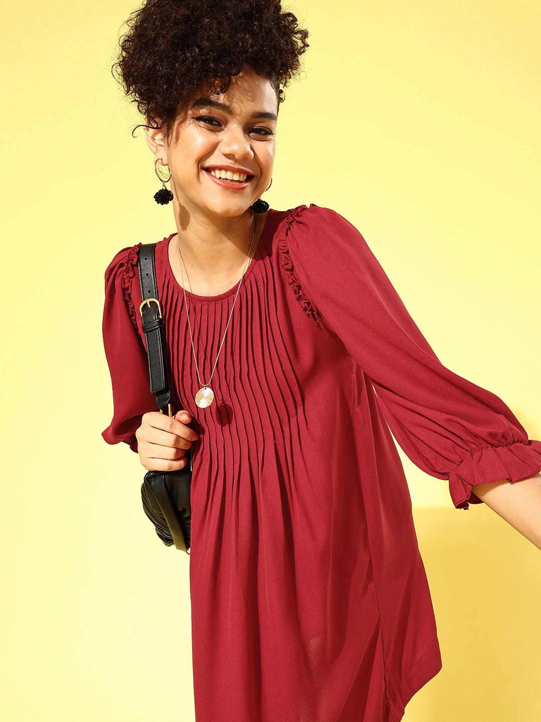 Buy Antheaa Women Maroon Solid Trapeze Dress - Dresses for Women ...